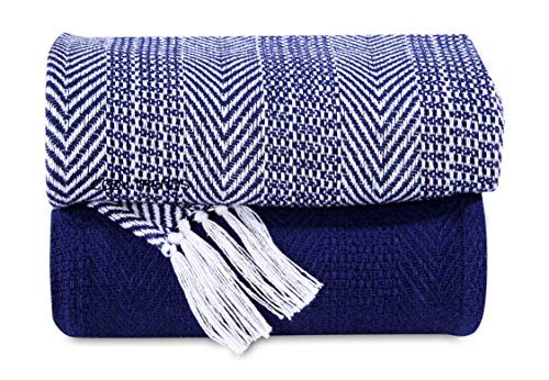 Luxurious Hand Woven Cozy Warm 100% Combed Cotton All Season Indoor Outdoor Light Weight Fade Resistant Couch Chair Bed Throw Blankets Batik 50x60 Inch Set of 2 (Navy)