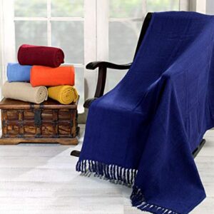 Luxurious Hand Woven Cozy Warm 100% Combed Cotton All Season Indoor Outdoor Light Weight Fade Resistant Couch Chair Bed Throw Blankets Batik 50x60 Inch Set of 2 (Navy)