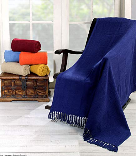 Luxurious Hand Woven Cozy Warm 100% Combed Cotton All Season Indoor Outdoor Light Weight Fade Resistant Couch Chair Bed Throw Blankets Batik 50x60 Inch Set of 2 (Navy)