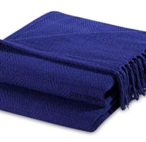 Luxurious Hand Woven Cozy Warm 100% Combed Cotton All Season Indoor Outdoor Light Weight Fade Resistant Couch Chair Bed Throw Blankets Batik 50x60 Inch Set of 2 (Navy)