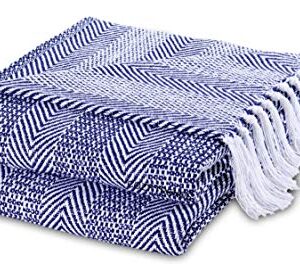 Luxurious Hand Woven Cozy Warm 100% Combed Cotton All Season Indoor Outdoor Light Weight Fade Resistant Couch Chair Bed Throw Blankets Batik 50x60 Inch Set of 2 (Navy)