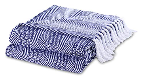 Luxurious Hand Woven Cozy Warm 100% Combed Cotton All Season Indoor Outdoor Light Weight Fade Resistant Couch Chair Bed Throw Blankets Batik 50x60 Inch Set of 2 (Navy)