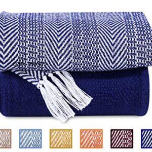 Luxurious Hand Woven Cozy Warm 100% Combed Cotton All Season Indoor Outdoor Light Weight Fade Resistant Couch Chair Bed Throw Blankets Batik 50x60 Inch Set of 2 (Navy)