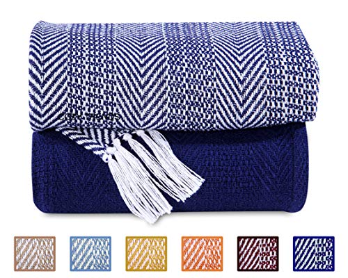 Luxurious Hand Woven Cozy Warm 100% Combed Cotton All Season Indoor Outdoor Light Weight Fade Resistant Couch Chair Bed Throw Blankets Batik 50x60 Inch Set of 2 (Navy)