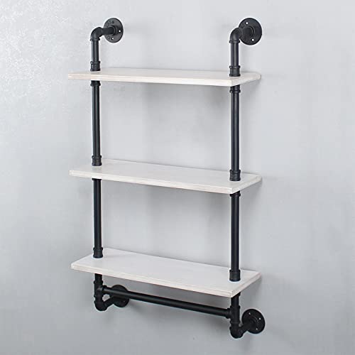 Industrial Pipe Bathroom Shelves 3-Tier Wall Mounted,24" Rustic Wall Shelf with Bath Towel Bars,Farmhouse Towel Rack,Metal & Wooden Floating Shelves,Over The Toilet Storage Shelf,White & Black