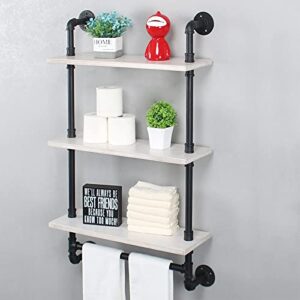 Industrial Pipe Bathroom Shelves 3-Tier Wall Mounted,24" Rustic Wall Shelf with Bath Towel Bars,Farmhouse Towel Rack,Metal & Wooden Floating Shelves,Over The Toilet Storage Shelf,White & Black