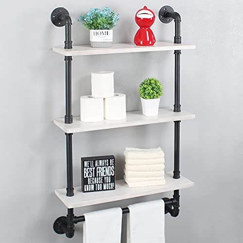 Industrial Pipe Bathroom Shelves 3-Tier Wall Mounted,24" Rustic Wall Shelf with Bath Towel Bars,Farmhouse Towel Rack,Metal & Wooden Floating Shelves,Over The Toilet Storage Shelf,White & Black