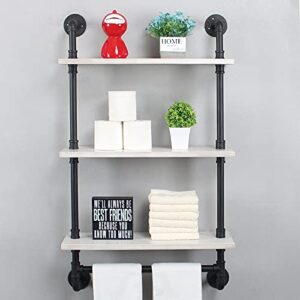 Industrial Pipe Bathroom Shelves 3-Tier Wall Mounted,24" Rustic Wall Shelf with Bath Towel Bars,Farmhouse Towel Rack,Metal & Wooden Floating Shelves,Over The Toilet Storage Shelf,White & Black