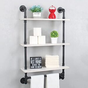 Industrial Pipe Bathroom Shelves 3-Tier Wall Mounted,24" Rustic Wall Shelf with Bath Towel Bars,Farmhouse Towel Rack,Metal & Wooden Floating Shelves,Over The Toilet Storage Shelf,White & Black