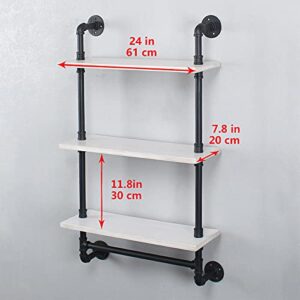 Industrial Pipe Bathroom Shelves 3-Tier Wall Mounted,24" Rustic Wall Shelf with Bath Towel Bars,Farmhouse Towel Rack,Metal & Wooden Floating Shelves,Over The Toilet Storage Shelf,White & Black