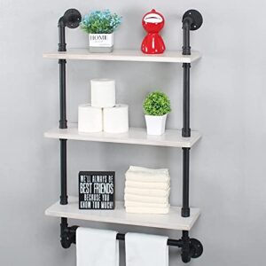 Industrial Pipe Bathroom Shelves 3-Tier Wall Mounted,24" Rustic Wall Shelf with Bath Towel Bars,Farmhouse Towel Rack,Metal & Wooden Floating Shelves,Over The Toilet Storage Shelf,White & Black