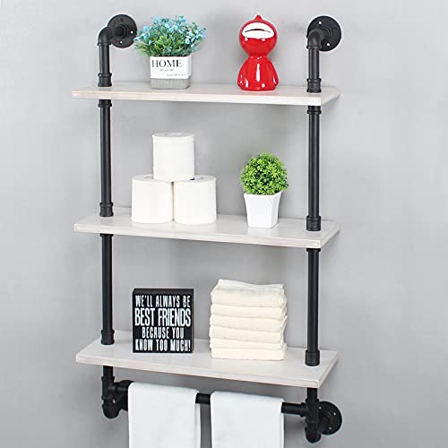 Industrial Pipe Bathroom Shelves 3-Tier Wall Mounted,24" Rustic Wall Shelf with Bath Towel Bars,Farmhouse Towel Rack,Metal & Wooden Floating Shelves,Over The Toilet Storage Shelf,White & Black