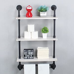 Industrial Pipe Bathroom Shelves 3-Tier Wall Mounted,24" Rustic Wall Shelf with Bath Towel Bars,Farmhouse Towel Rack,Metal & Wooden Floating Shelves,Over The Toilet Storage Shelf,White & Black