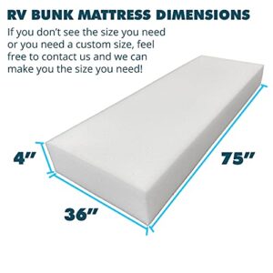 Foamma 4” x 36” x 75” Truck, Camper, RV High-Density Bunk Mattress Foam Replacement, Made in USA, Comfortable, Travel Trailer, CertiPUR-US Certified, Cover Not Included