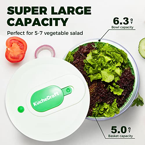 KucheCraft Salad Spinner Large 6.3 Qt, Manual Lettuce Spinner for Vegetable Prepping, One-Handed Pump Fruit Spinner Dryer with Bowl and Colander, Dishwasher Safe Veggie Fruit Washer Spinner-Green