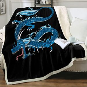 sleepwish traditional fluffy microfiber fleece throw blue chinese dragon sherpa throw blanket throw(50"x60") super soft reversible ultra luxurious plush blanket