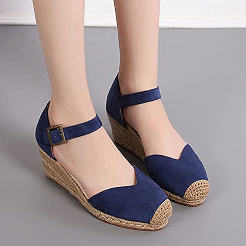 Summer Bohemian Denim Fisherman Shoes Women Wedge Vintage High Heel Woven Platform Women Espadrilles Sandales Pour Femmes S Sandals for Women Fluff (Blue, 7.5)