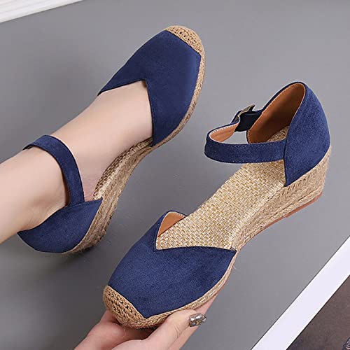 Summer Bohemian Denim Fisherman Shoes Women Wedge Vintage High Heel Woven Platform Women Espadrilles Sandales Pour Femmes S Sandals for Women Fluff (Blue, 7.5)