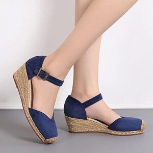 Summer Bohemian Denim Fisherman Shoes Women Wedge Vintage High Heel Woven Platform Women Espadrilles Sandales Pour Femmes S Sandals for Women Fluff (Blue, 7.5)