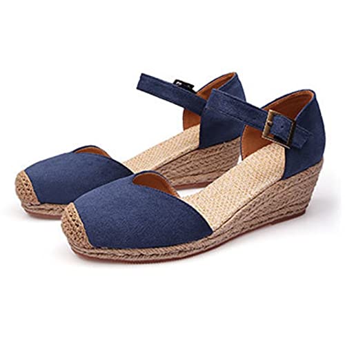 Summer Bohemian Denim Fisherman Shoes Women Wedge Vintage High Heel Woven Platform Women Espadrilles Sandales Pour Femmes S Sandals for Women Fluff (Blue, 7.5)