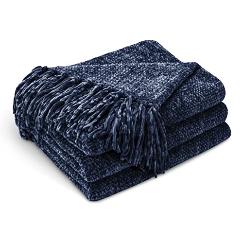 CozeCube Chenille Throw Blanket for Couch, Cozy Soft Throw Blanket with Fringe Tassel, Navy Blue Throw Blanket for Sofa Chair Gift,Decorative Farmhouse Throw Blanket 50"X60"