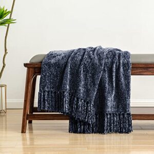 CozeCube Chenille Throw Blanket for Couch, Cozy Soft Throw Blanket with Fringe Tassel, Navy Blue Throw Blanket for Sofa Chair Gift,Decorative Farmhouse Throw Blanket 50"X60"