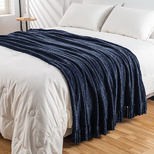 CozeCube Chenille Throw Blanket for Couch, Cozy Soft Throw Blanket with Fringe Tassel, Navy Blue Throw Blanket for Sofa Chair Gift,Decorative Farmhouse Throw Blanket 50"X60"