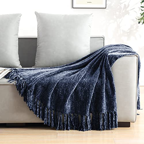 CozeCube Chenille Throw Blanket for Couch, Cozy Soft Throw Blanket with Fringe Tassel, Navy Blue Throw Blanket for Sofa Chair Gift,Decorative Farmhouse Throw Blanket 50"X60"