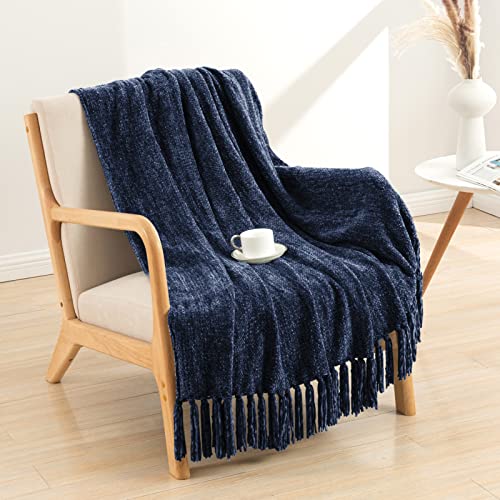 CozeCube Chenille Throw Blanket for Couch, Cozy Soft Throw Blanket with Fringe Tassel, Navy Blue Throw Blanket for Sofa Chair Gift,Decorative Farmhouse Throw Blanket 50"X60"