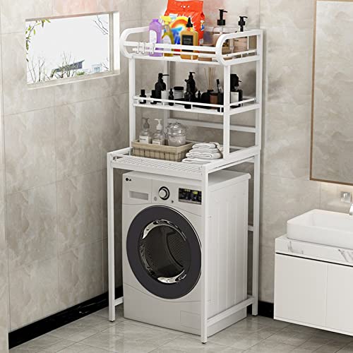 BKGDO Washer Storage Frames Floor Standing Punch Free Suitable for Over Toilet,Balcony Sundries Storage Drum Washinghine Shelf,Bold Steel Pipe Bathroom Rack,High Temperature Steel Rack/White