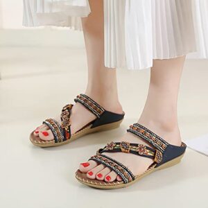 Summer Fashion Women Casual Open Toe Flat Flowers Rhinestone Comfortable Soft Bottom Soft Cushion Sandals for Women (Blue, 7.5)