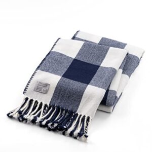 mellowdy classic checkered blanket - faux cashmere plaid throw with fringe - soft woven, lightweight, farmhouse, vintage inspired décor for couch, chair, office (navy blue, 50x60)