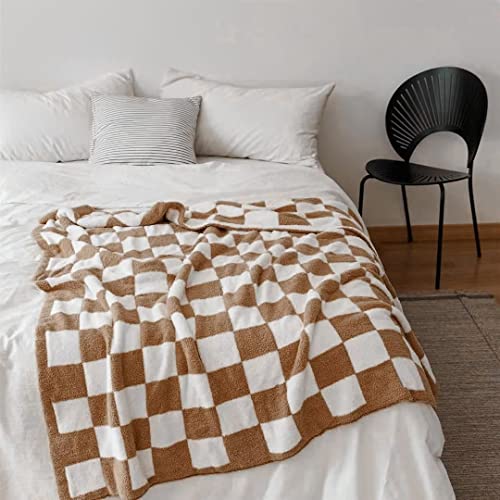 Yizheer Double Sided Checkerboard Grid Cozy Luxury Throw Blankets Warmer Soft Reversible Microfiber Bed Couch Blanket, 51''x63''，Brown