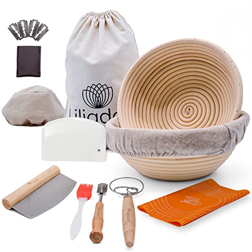 Liliadon 9 Inch Round Banneton Bread Proofing Basket (Set of 10)-Splinter Free Proofing Basket with All Bread Making Tools-Sourdough Bread Baking Supplies-Perfect Sourdough Starter kit For Bakers