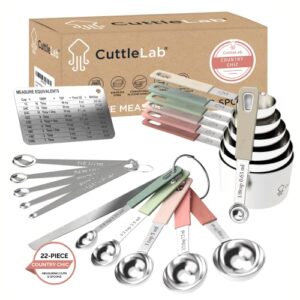 cuttlelab 22-piece stainless steel measuring cups and spoons set, tad dash pinch smidgen drop mini measuring spoons, measuring stick leveler, measurement conversion chart fridge magnet, (country chic)