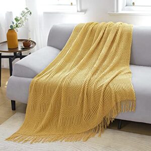 FSLEAD Mustard Throw Blanket for Couch 50 x 60 inches - Knit Woven Summer Blankets, Cozy Lightweight Decorative Throw for Sofa, Bed and Living Room - All Seasons Suitable for Women, Men and Kids