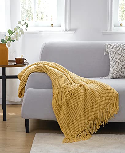 FSLEAD Mustard Throw Blanket for Couch 50 x 60 inches - Knit Woven Summer Blankets, Cozy Lightweight Decorative Throw for Sofa, Bed and Living Room - All Seasons Suitable for Women, Men and Kids