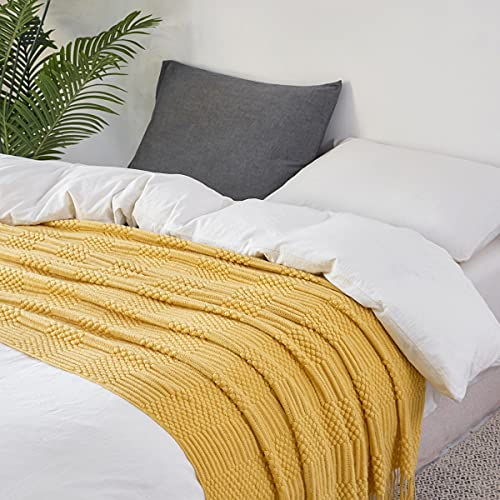 FSLEAD Mustard Throw Blanket for Couch 50 x 60 inches - Knit Woven Summer Blankets, Cozy Lightweight Decorative Throw for Sofa, Bed and Living Room - All Seasons Suitable for Women, Men and Kids