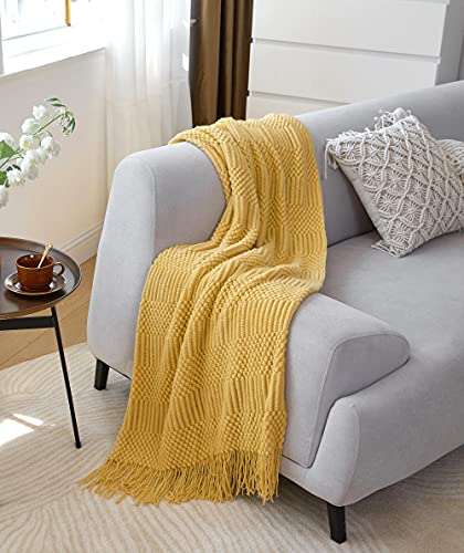 FSLEAD Mustard Throw Blanket for Couch 50 x 60 inches - Knit Woven Summer Blankets, Cozy Lightweight Decorative Throw for Sofa, Bed and Living Room - All Seasons Suitable for Women, Men and Kids