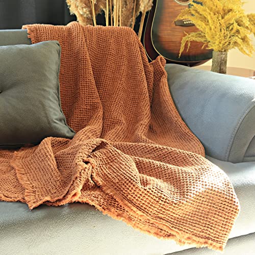 PÜSKÜL - Waffle Throw Blanket, Cotton Throw and Blanket for Couch, Waffle Weave Throw for Sofa, TV Blanket, Beach Mat, Lightweight Blanket (Rust)