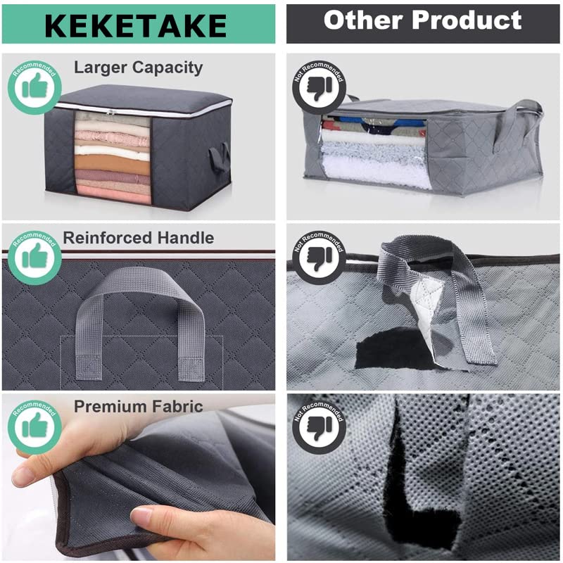 KEKETAKE Large Capacity Clothes Storage Bag, 3 Pack 90L Foldable Storage Bags, durable handle, Clear Window， Sturdy Zipper, Thick Fabric for Comforters, Blankets, Bedding(Gray)