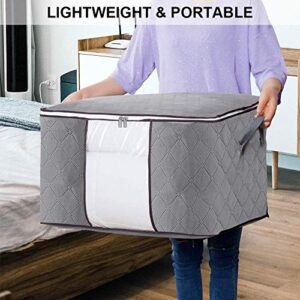 Large Capacity Clothes Storage Bag, Foldable Blanket Storage Organizers with Clear Window, Sturdy Zippers, Durable Handles for Comforters, Bedding, Clothing(4Pack, Grey)