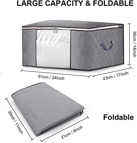 Large Capacity Clothes Storage Bag, Foldable Blanket Storage Organizers with Clear Window, Sturdy Zippers, Durable Handles for Comforters, Bedding, Clothing(4Pack, Grey)