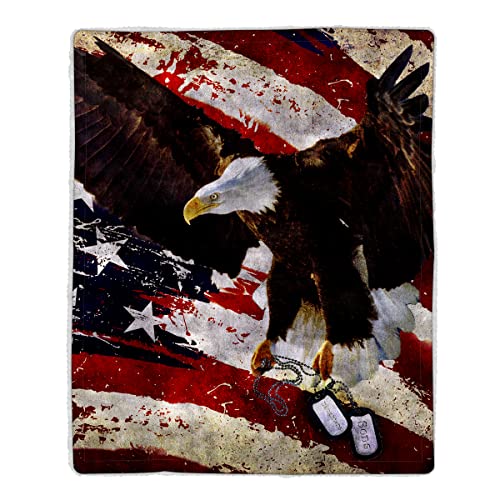 Bedford Home Sherpa Fleece Throw Blanket - American Flag Bald Eagle Print, Lightweight Hypoallergenic Bed Couch Plush Blanket for Adults and Kids