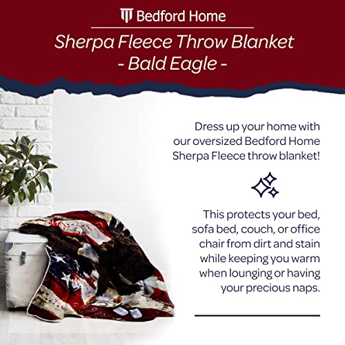 Bedford Home Sherpa Fleece Throw Blanket - American Flag Bald Eagle Print, Lightweight Hypoallergenic Bed Couch Plush Blanket for Adults and Kids