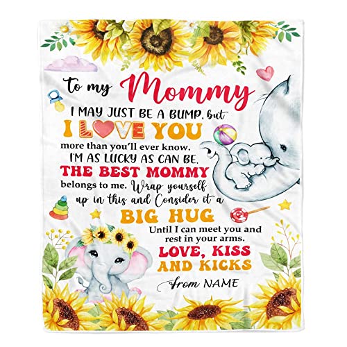 TeesNow Personalized to My Mommy Blanket from Baby Name First Time Mom Elephant Sunflower I May Just Be A Bump Happy Mothers Day Customized Bed Fleece Blanket (60 x 80 Inches - Adult Size)