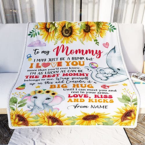 TeesNow Personalized to My Mommy Blanket from Baby Name First Time Mom Elephant Sunflower I May Just Be A Bump Happy Mothers Day Customized Bed Fleece Blanket (60 x 80 Inches - Adult Size)