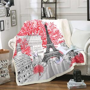 eiffel tower blanket red cherry blossom fleece blanket girls women romantic city building of paris throw blanket butterfly flowers leaning tower of pisa fuzzy blanket paris themed sofa decor 40"x50"