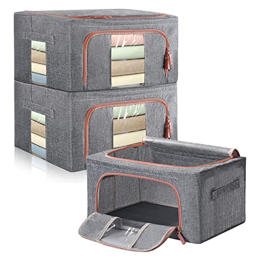 3 Pack Steel Frame Storage Box, Stackable and Foldable Clothes Storage Bins with Reinforced Handle and Clear Window, Cotton Linen Storage bag Perfect for Clothing Toys Sheets Blankets 24L