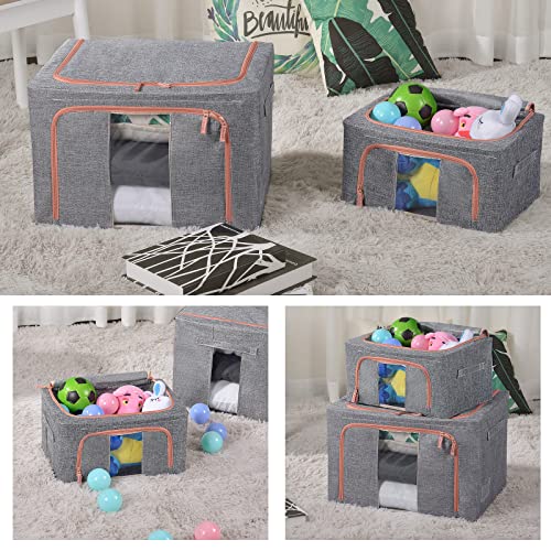 3 Pack Steel Frame Storage Box, Stackable and Foldable Clothes Storage Bins with Reinforced Handle and Clear Window, Cotton Linen Storage bag Perfect for Clothing Toys Sheets Blankets 24L